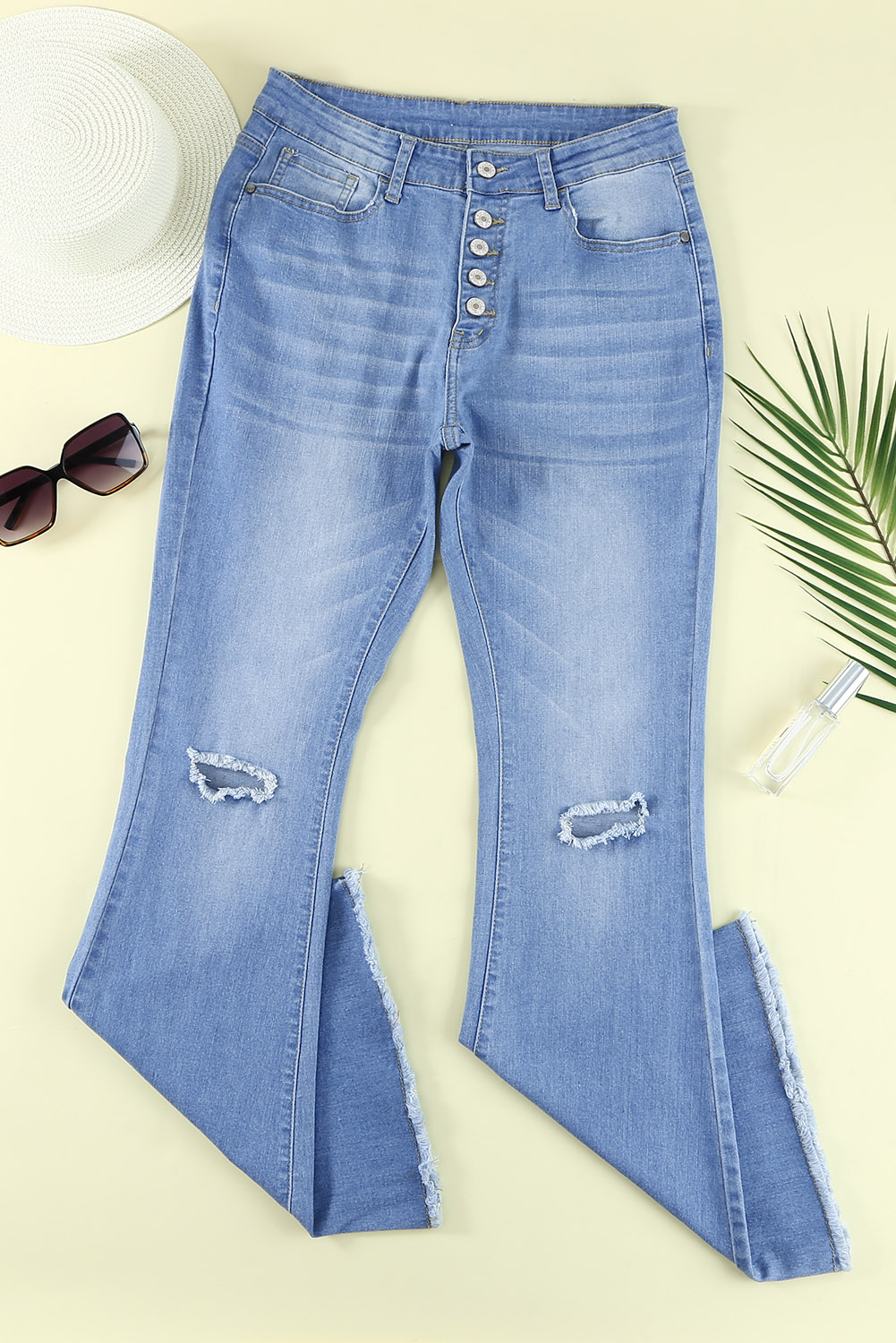 US$ 14.15 Drop-shipping Sky Blue High Rise Distressed Bell Bottom Denims for Women