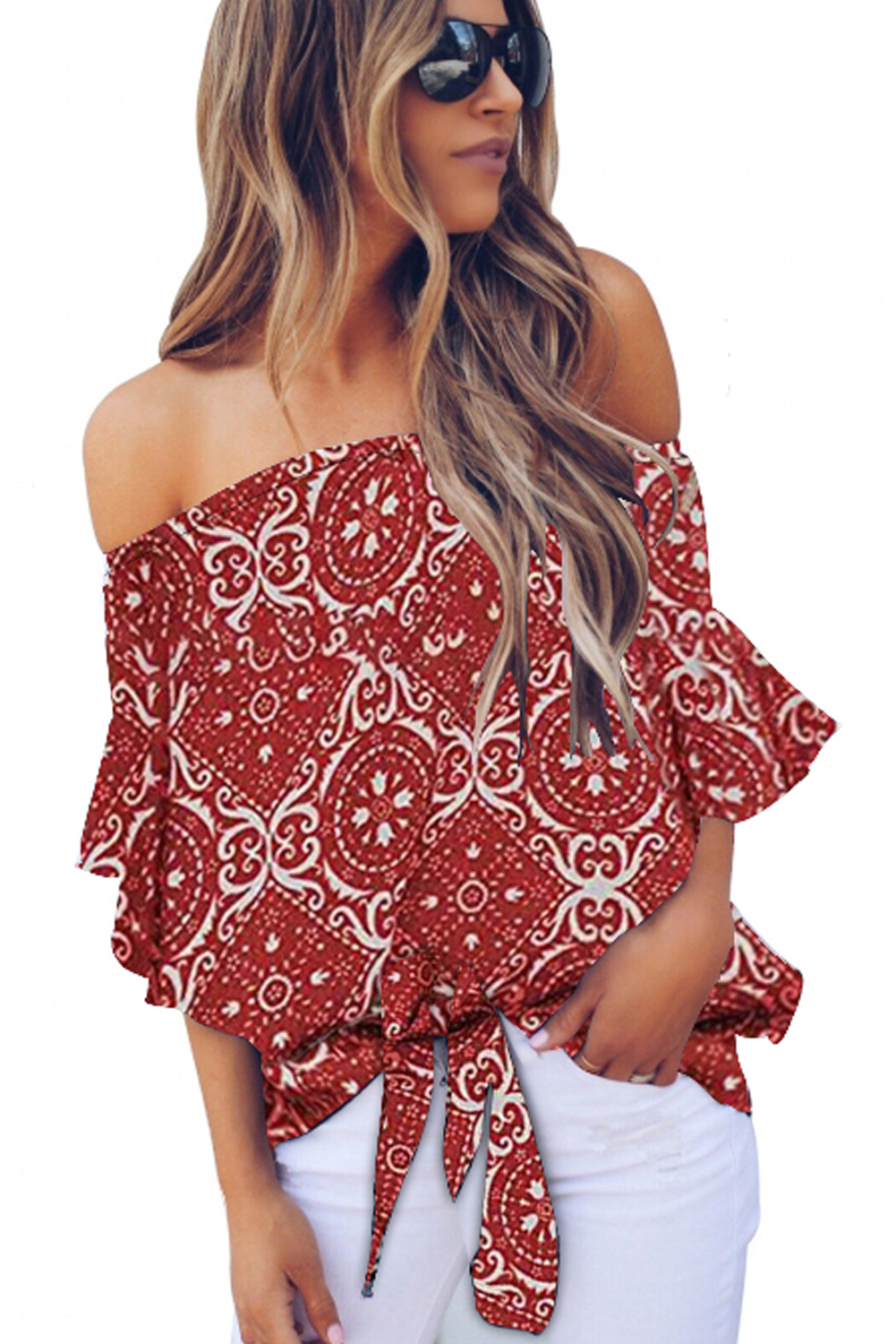 US$ 6.9 Drop-shipping Red Bohemian Floral Print Off The Shoulder Blouse ...