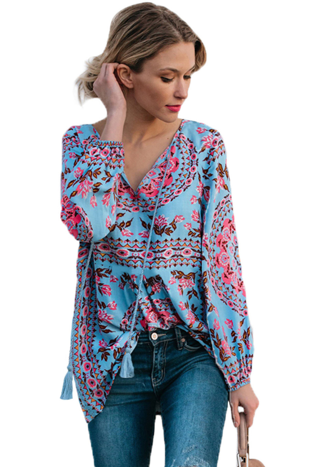 US$ 7.71 Drop-shipping Sky Blue Floral Print Peasant Blouse for Women