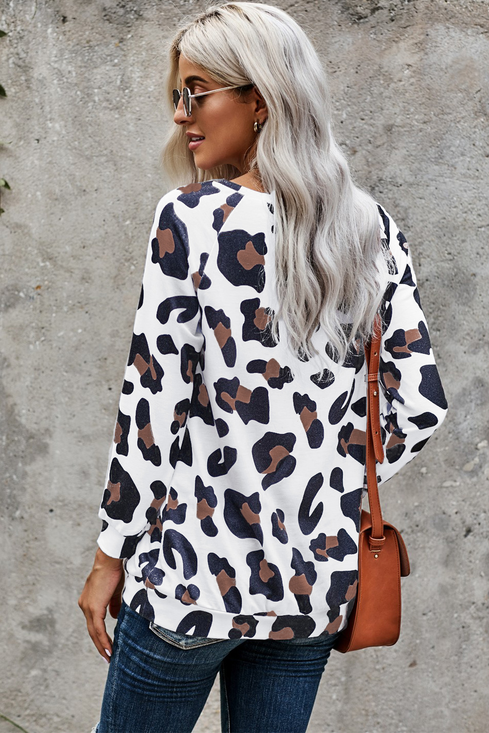 US$ 6.56 Drop-shipping White Leopard Long Sleeve Top for Women