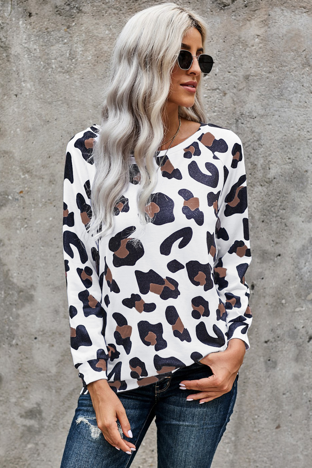US$ 6.56 Drop-shipping White Leopard Long Sleeve Top for Women