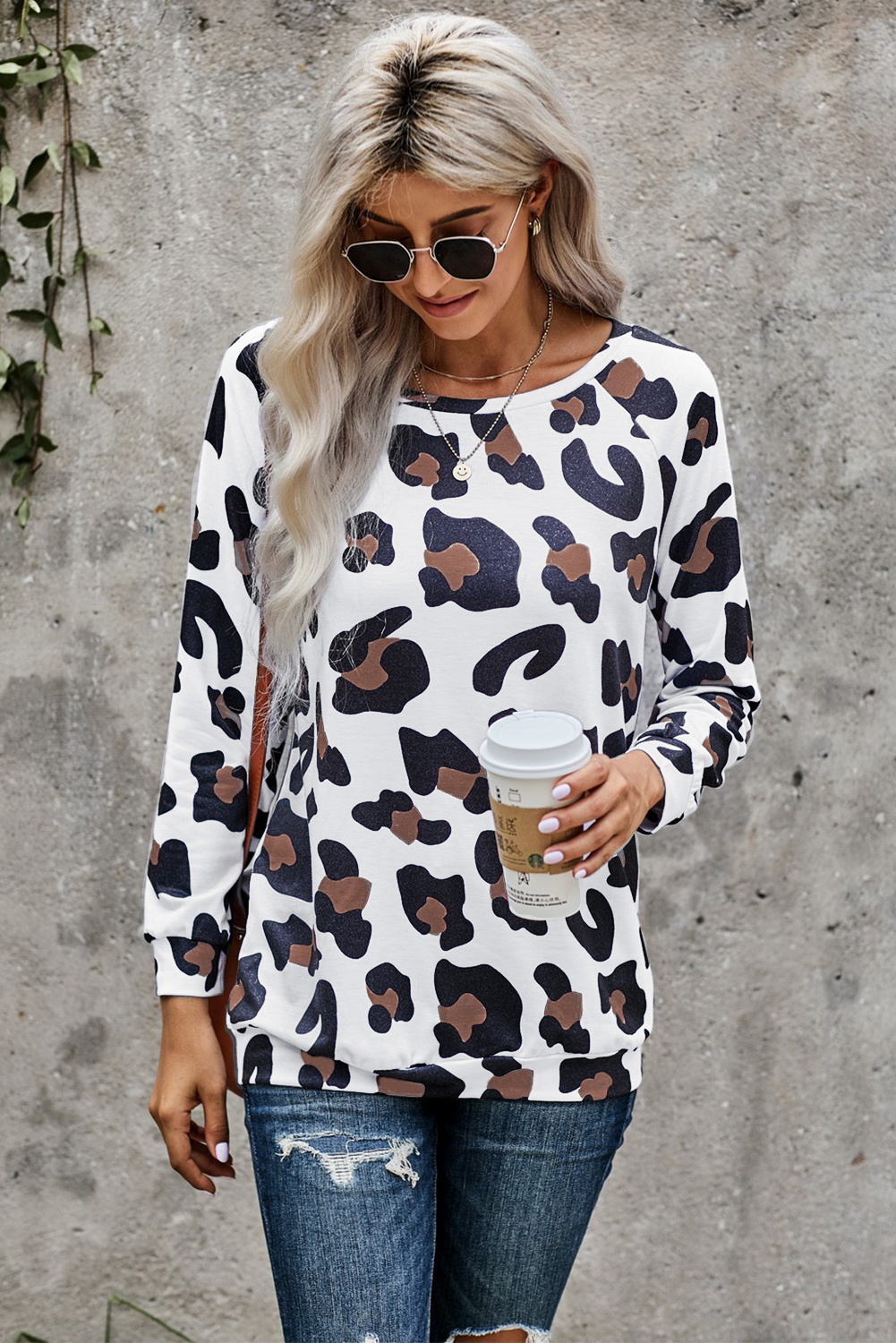 US$ 6.56 Drop-shipping White Leopard Long Sleeve Top for Women