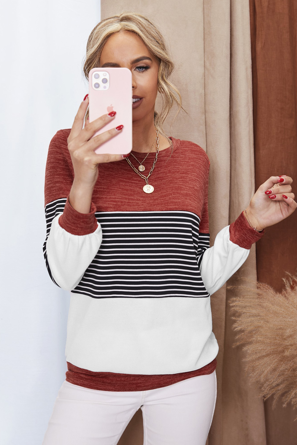 US$ 7.36 Drop-shipping Colorblock Stripes Patchwork Sweatshirt for Women