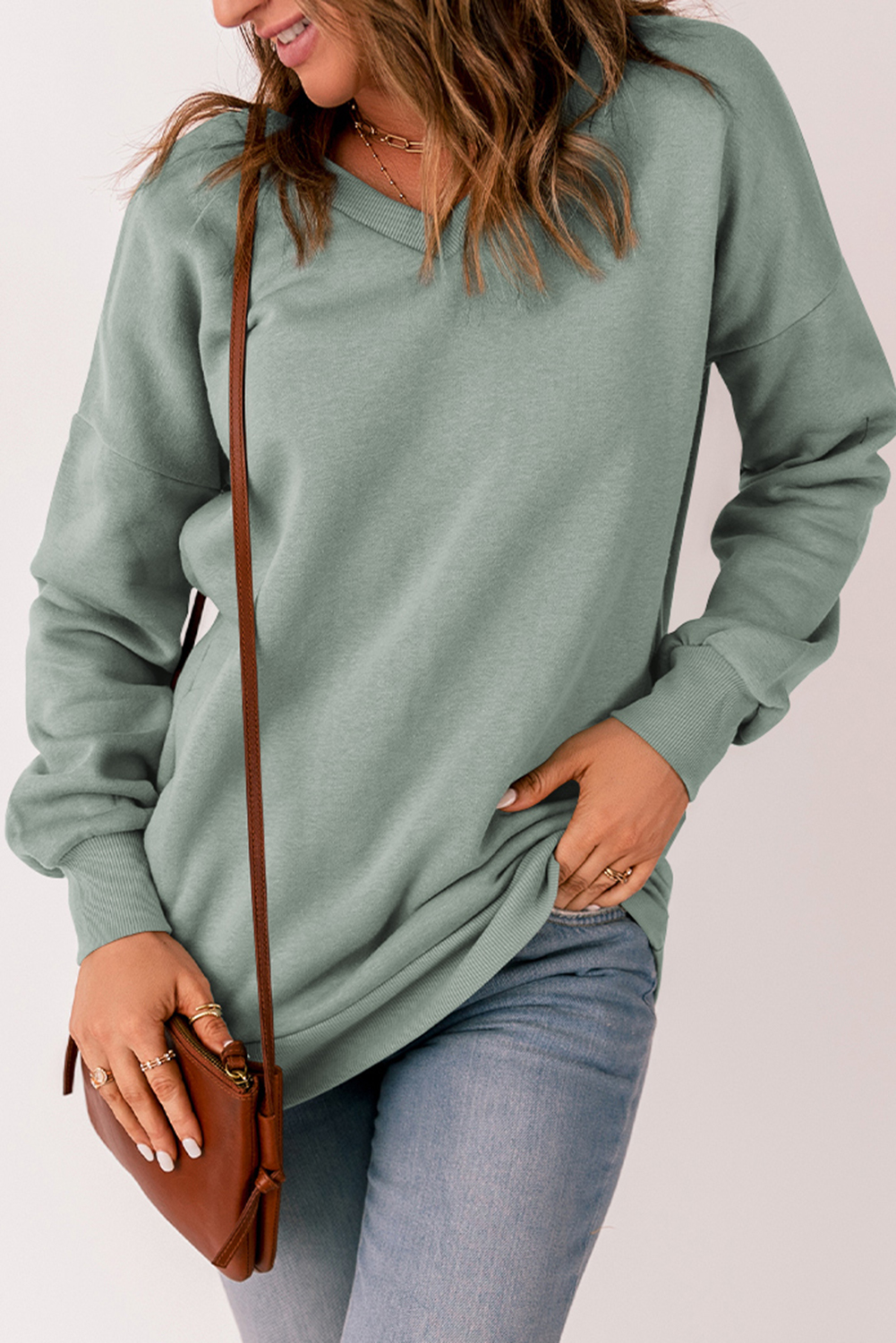 US$ 10.24 Drop-shipping Green V Neck Drop Shoulder Sweatshirt with ...