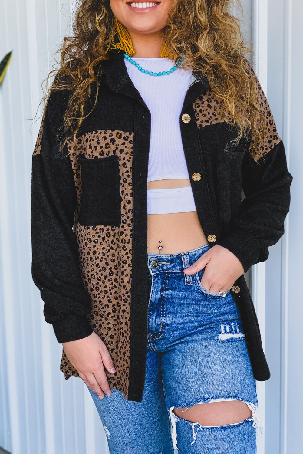Women's Shacket - Leopard Patchwork Shacket Jacket