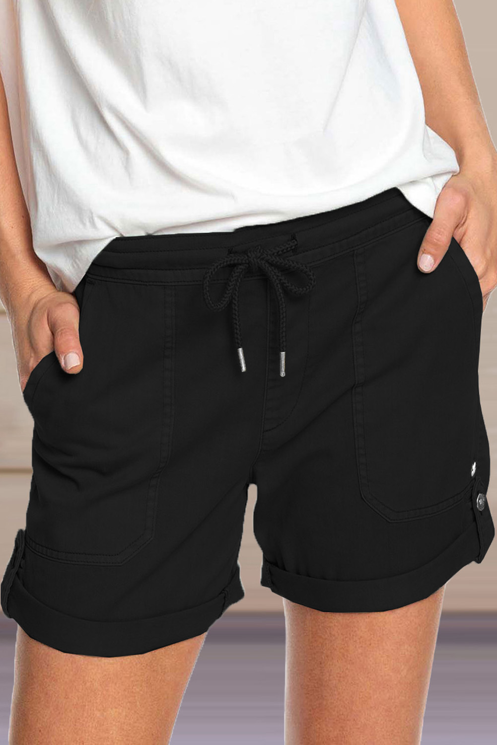 US$ 6.88 Drop-shipping Black Elastic Waistband Pocket Drawstring Shorts ...