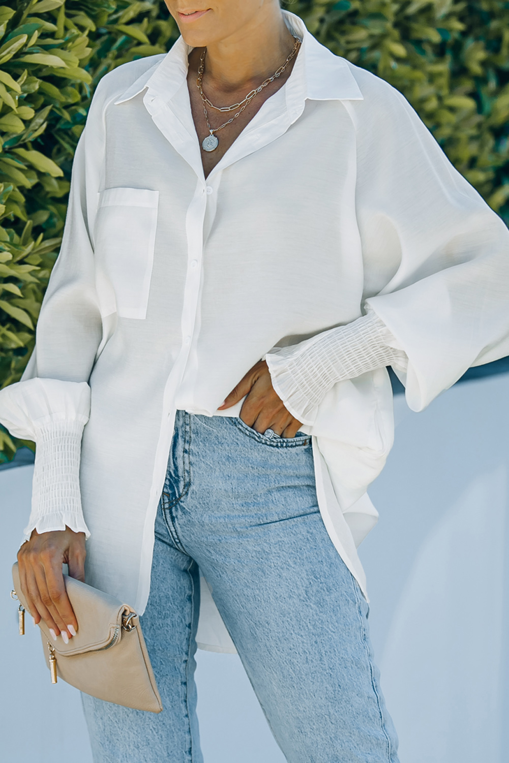 US$ 9.66 Drop-shipping White Billowy Sleeves Pocketed Shirt for Women