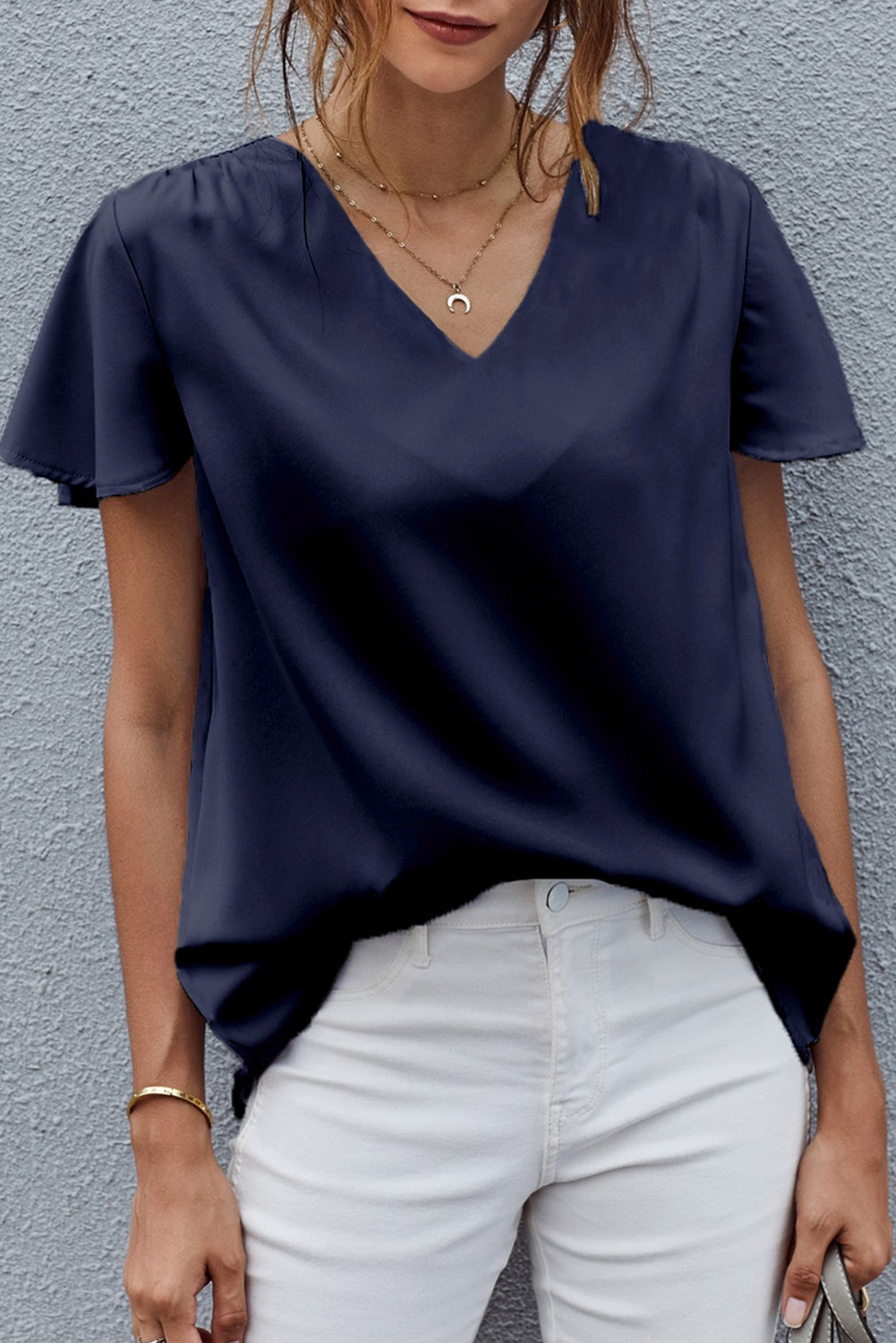 US$ 6.21 Drop-shipping Blue V Neck Short Sleeve Tee for Women