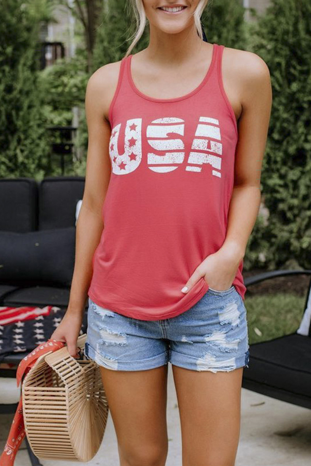 US$ 4.58 Drop-shipping Red Flag USA Letters Graphic Tank for Women