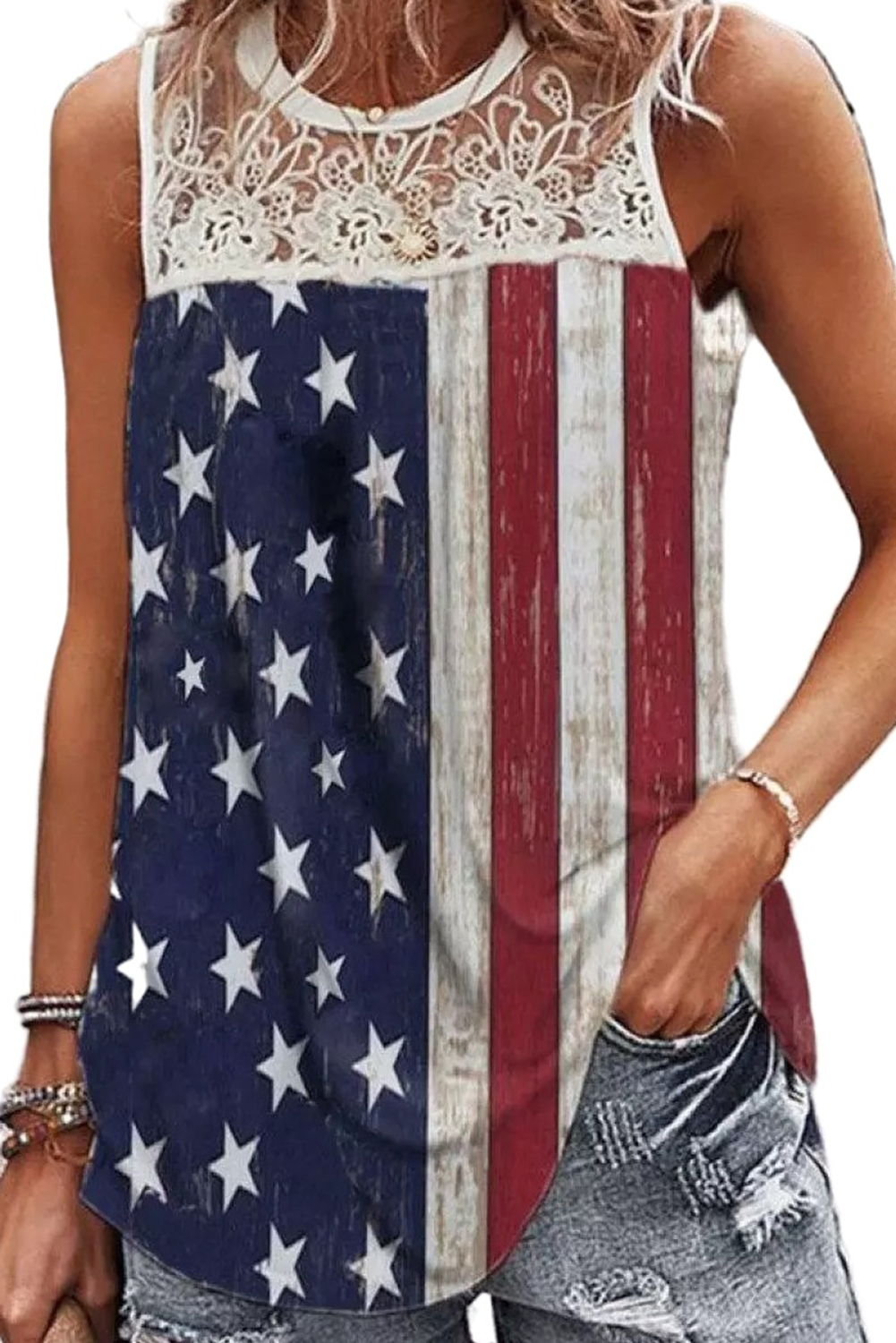 US$ 5.41 Drop-shipping American Flag Lace Patchwork Tank Top for Women
