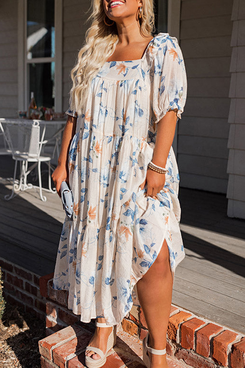 Us 18 38 Drop Shipping White Floral Print Puff Sleeve Square Neck Plus