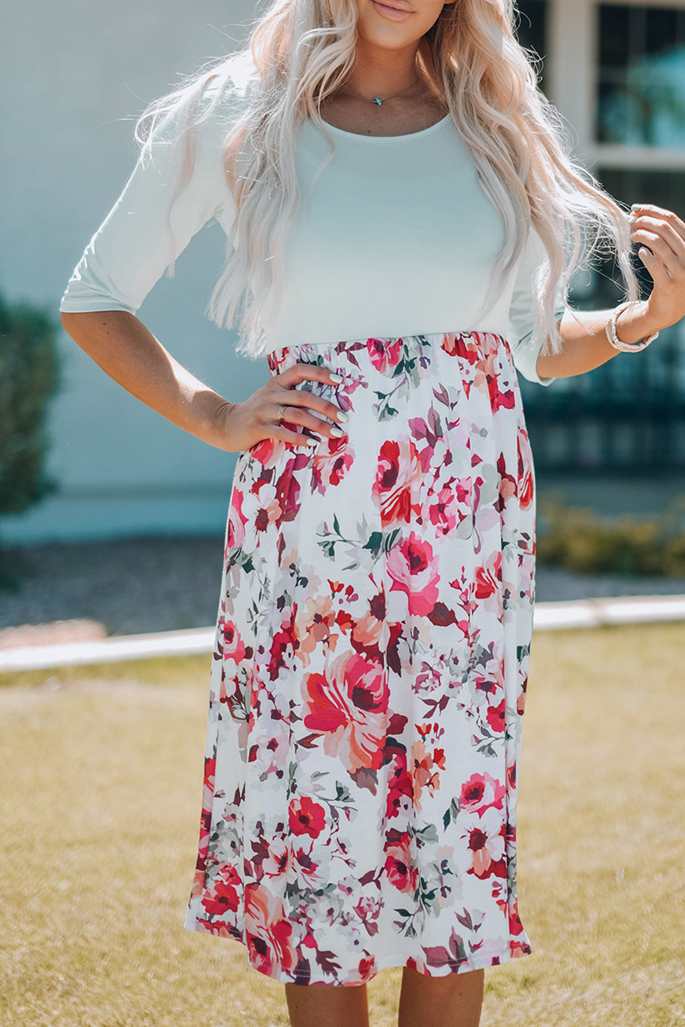 US$ 7.13 Drop-shipping Grey Solid Bodice Floral Bottom Midi Dress for Women