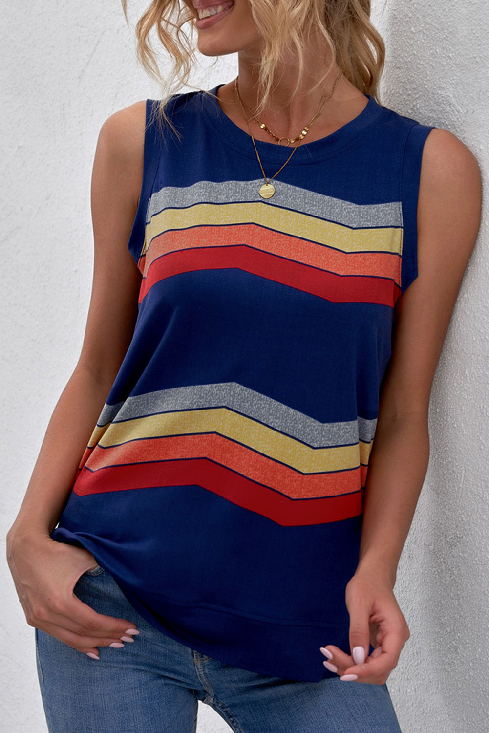 US$ 5.41 Drop-shipping Blue Crew Neck Colorblock Stripes Tank Top for Women