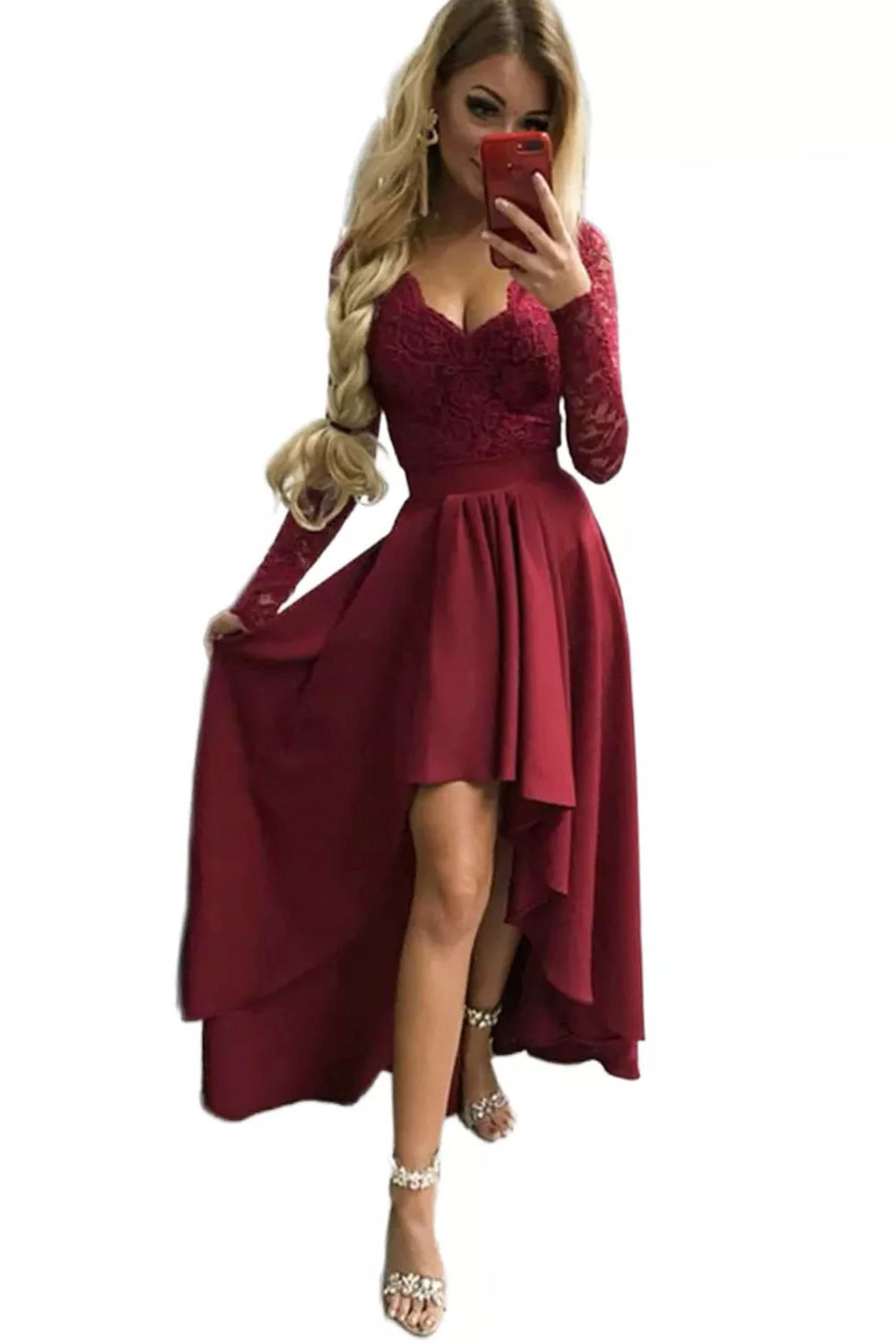 US$ 13.57 Drop-shipping Red V-neck Lace Backless High and Low Hem ...