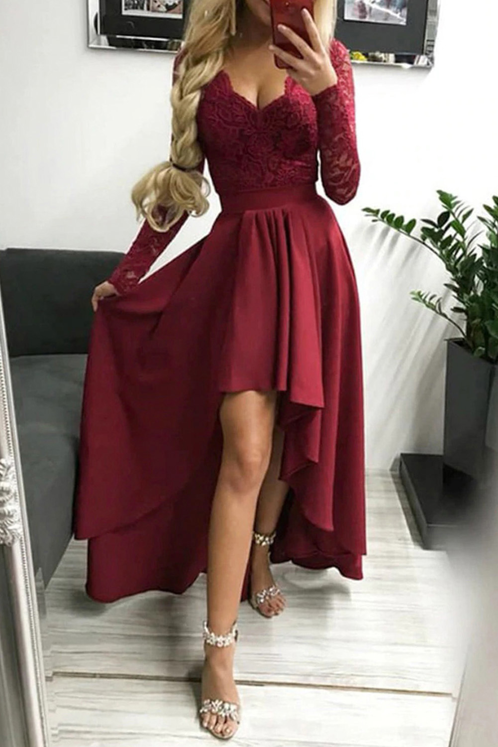 US$ 13.57 Drop-shipping Red V-neck Lace Backless High and Low Hem ...