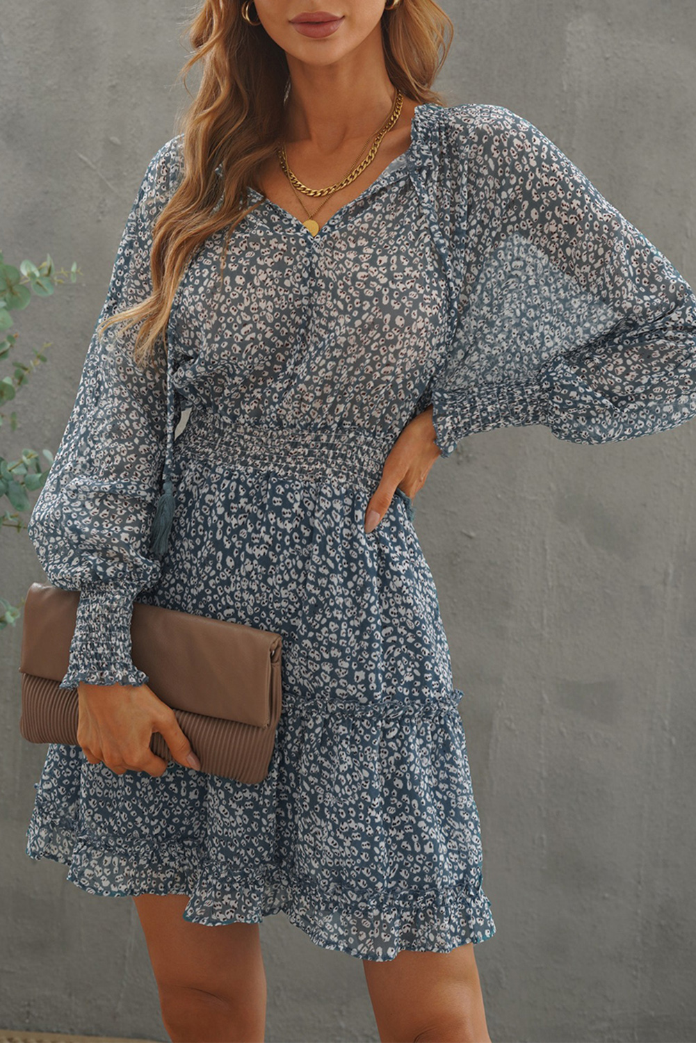 US$ 13.57 Drop-shipping Sky Blue Print Smocked Puff Sleeve Tiered ...