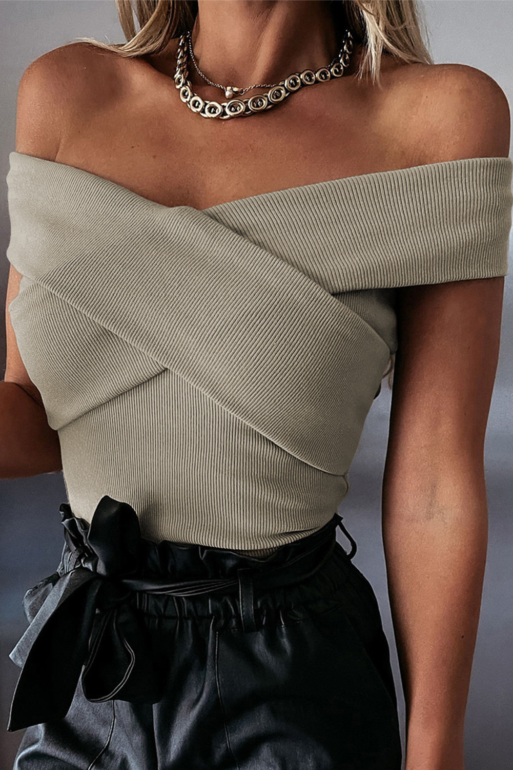 US$ 7.36 Drop-shipping Ribbed Criss Cross Off Shoulder Top for Women