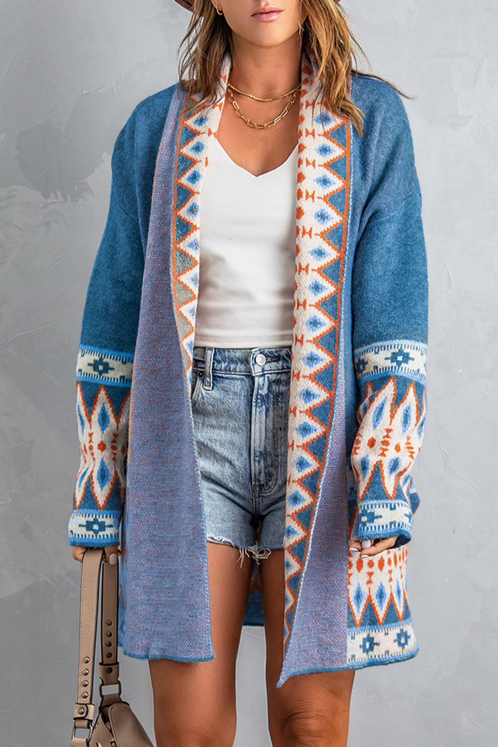 US$ 16.08 Drop-shipping Blue Aztec Print Open Front Knitted Cardigan ...