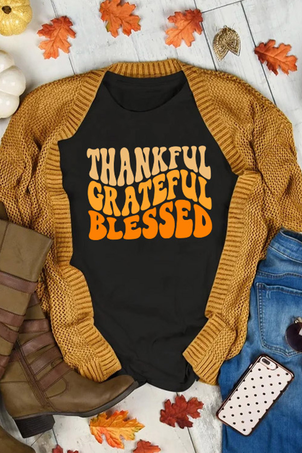 US$ 6.41 Drop-shipping Black THANKFUL GRATEFUL BLESSED Crew Neck ...