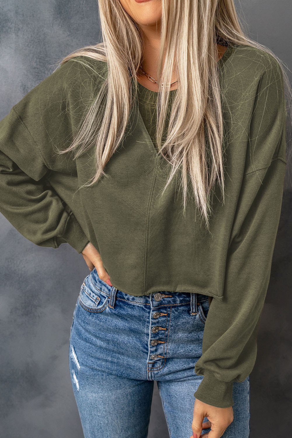 US$ 7.13 Drop-shipping Green Drop Shoulder Cropped Sweatshirt for Women