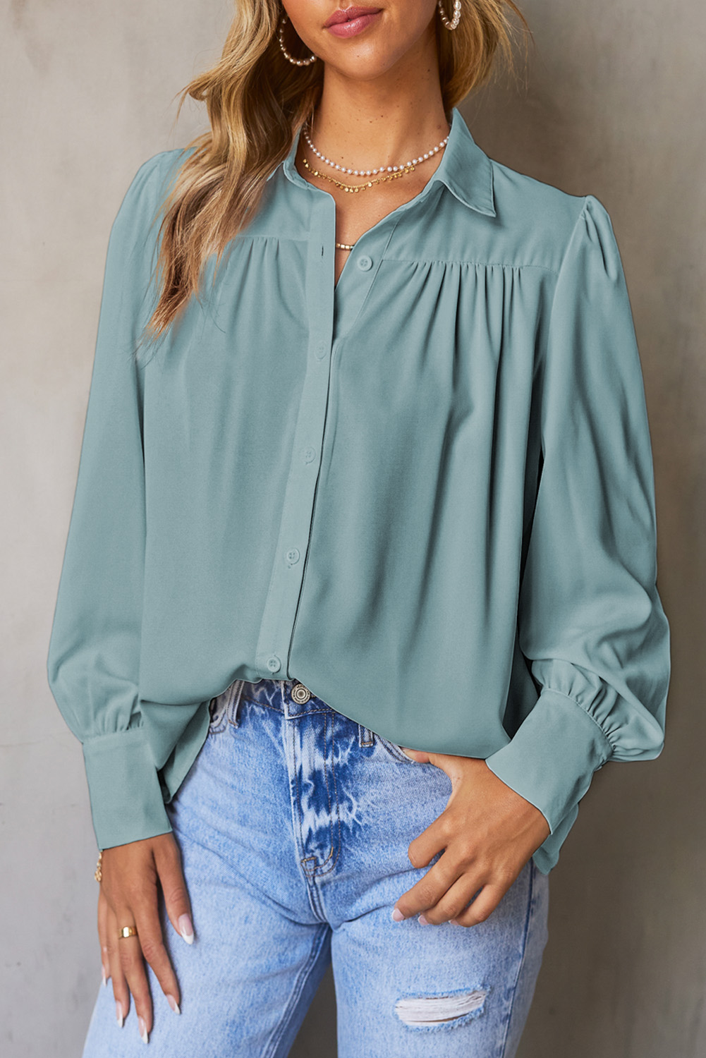 US$ 9.18 Drop-shipping Sky Blue Solid Color Button Up Puff Sleeve ...