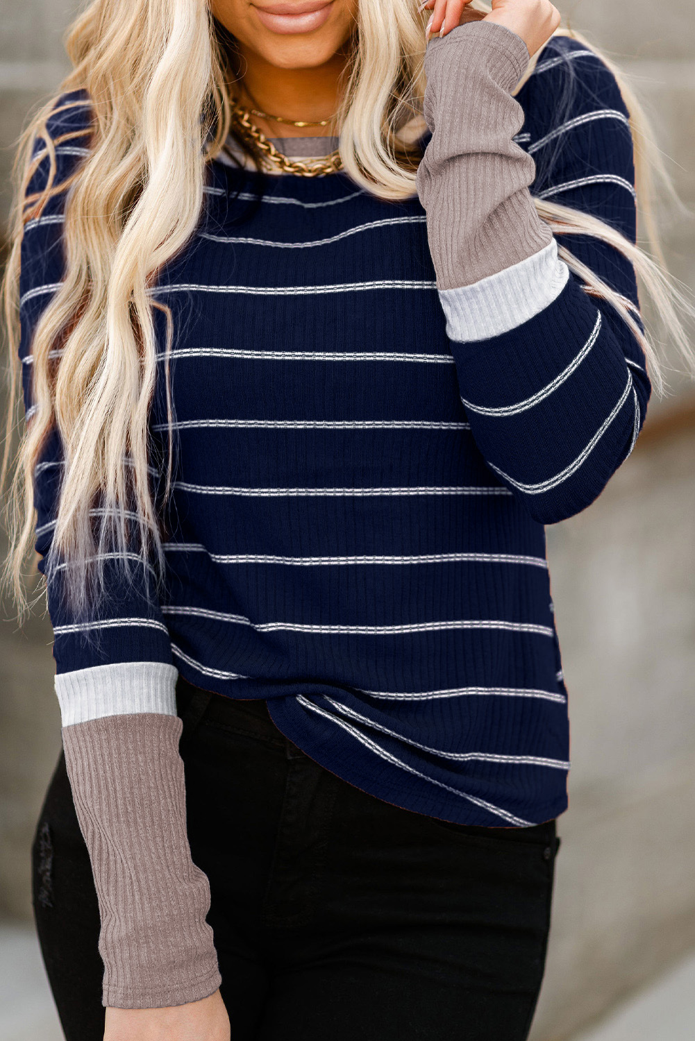 US$ 6.67 Drop-shipping Blue Extend Color Block Cuffs Rib Knit Striped ...