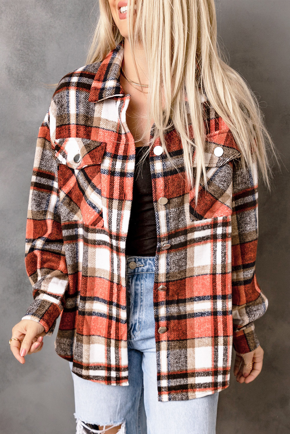 US$ 14.72 Drop-shipping Orange Chest Pockets Flannel Plaid Shacket for ...