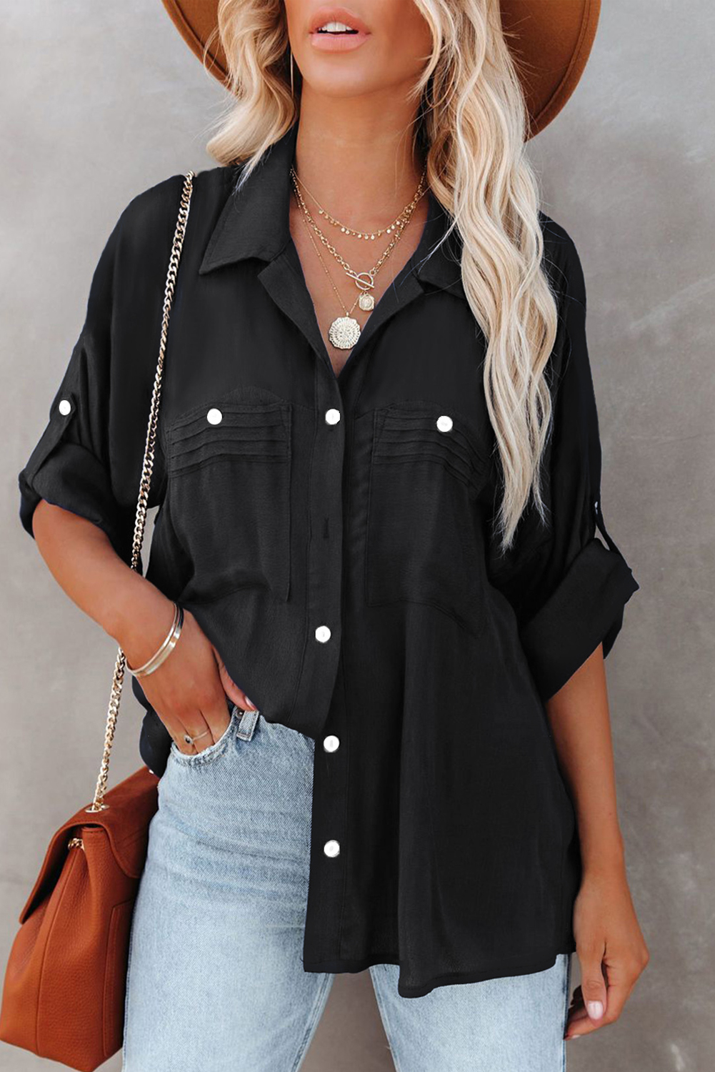 US$ 9.66 Drop-shipping Black Solid Pocket Long Sleeve Button-up Shirt ...