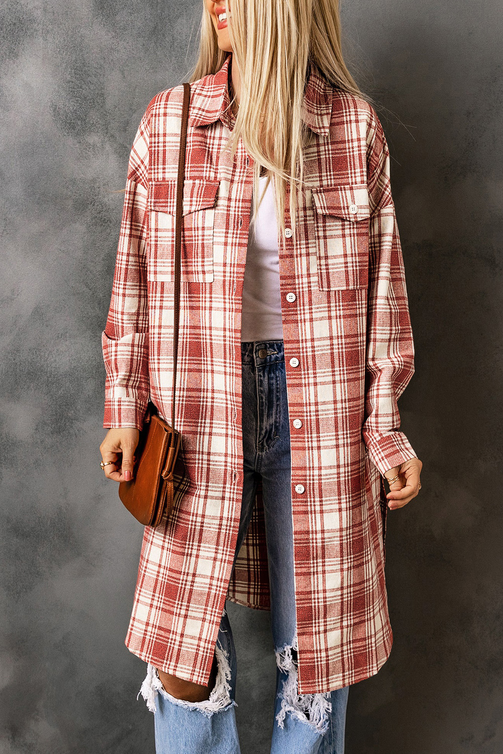 US$ 16.68 Drop-shipping Fiery Red Plaid Print Button Long Shacket for Women