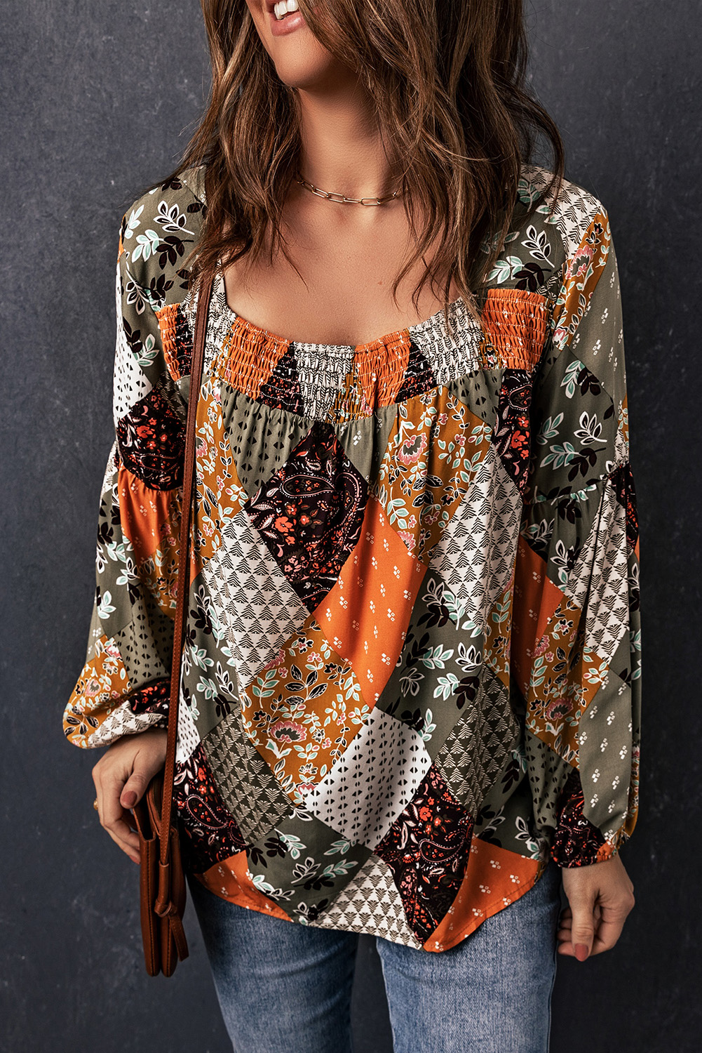 US$ 7.48 Drop-shipping Green Square Neck Mixed Print Blouse for Women