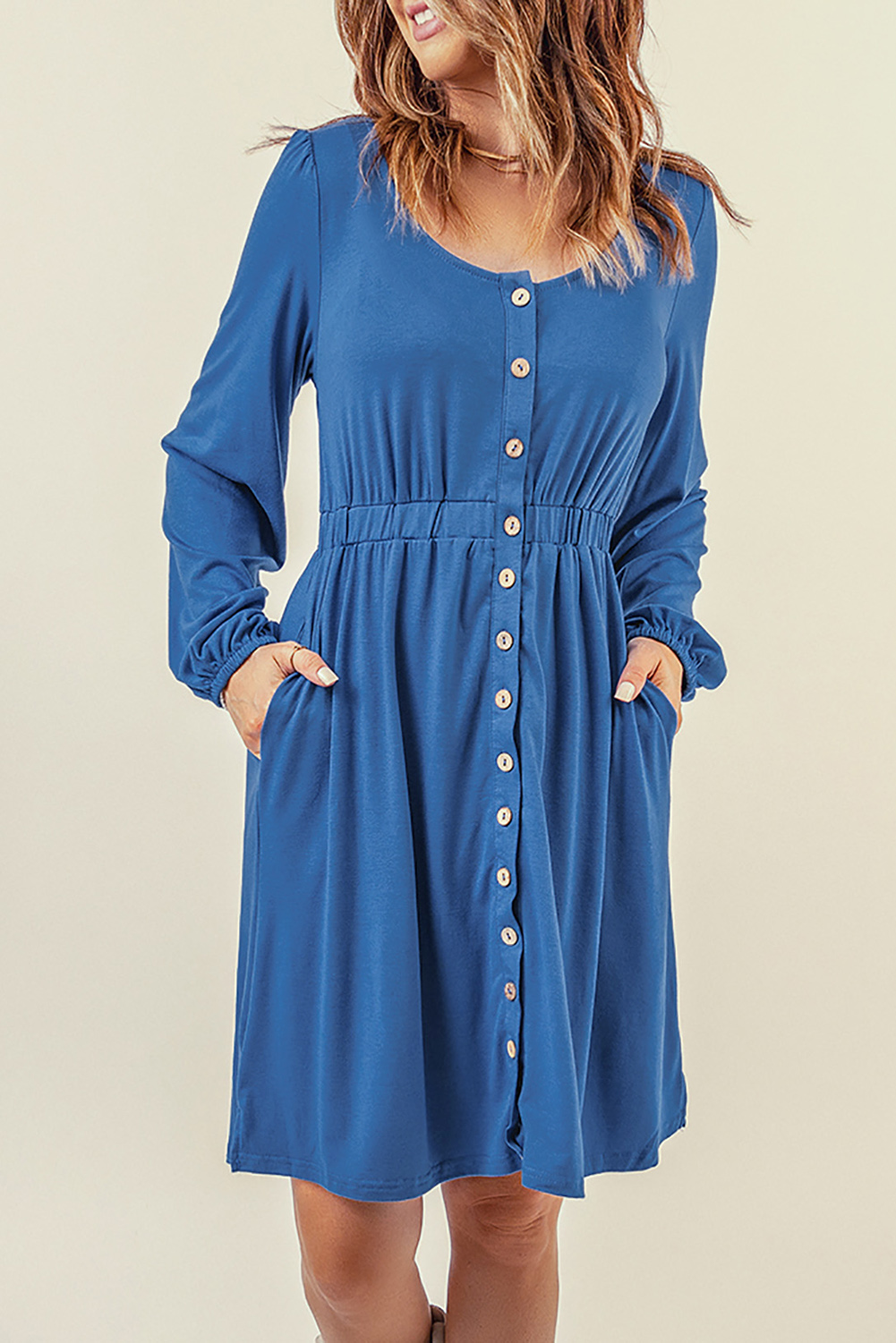 US$ 11.27 Drop-shipping Blue Button Up High Waist Long Sleeve Dress for ...