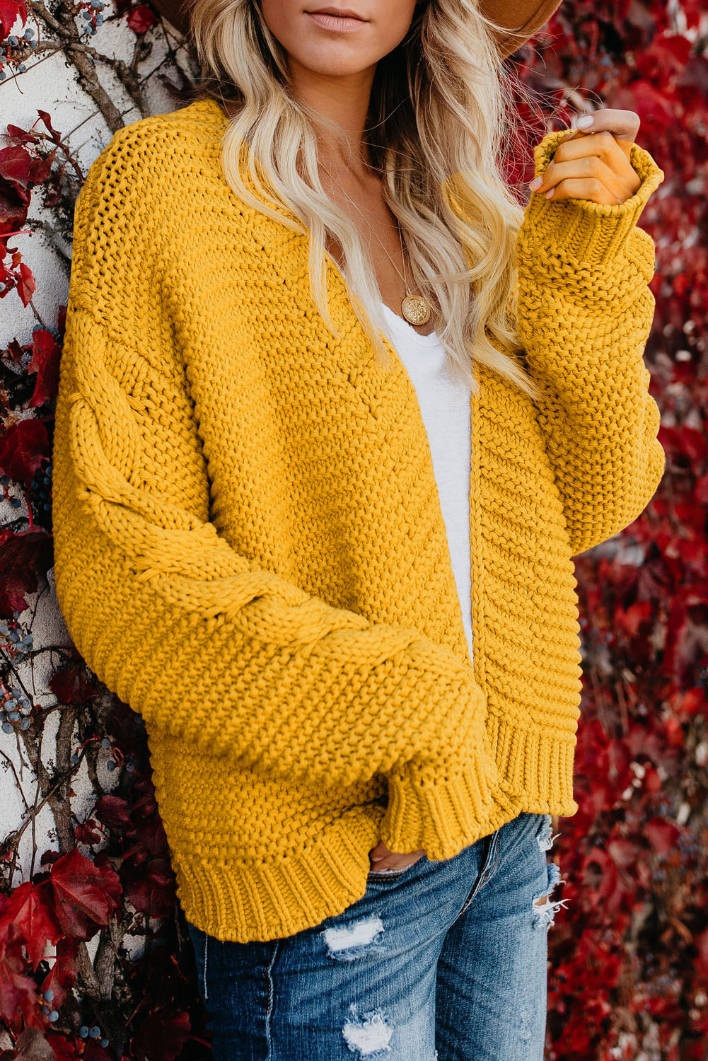 US$ 12.63 Drop-shipping Yellow Open Front Chunky Knit Cardigan for Women