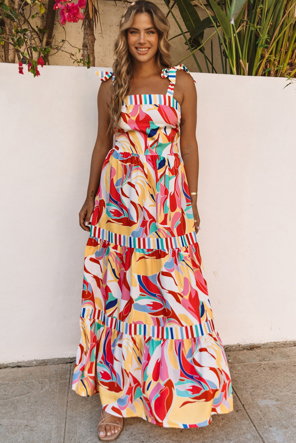 US$ 13.05 Drop-shipping Multicolor Abstract Print Striped Trim Maxi ...
