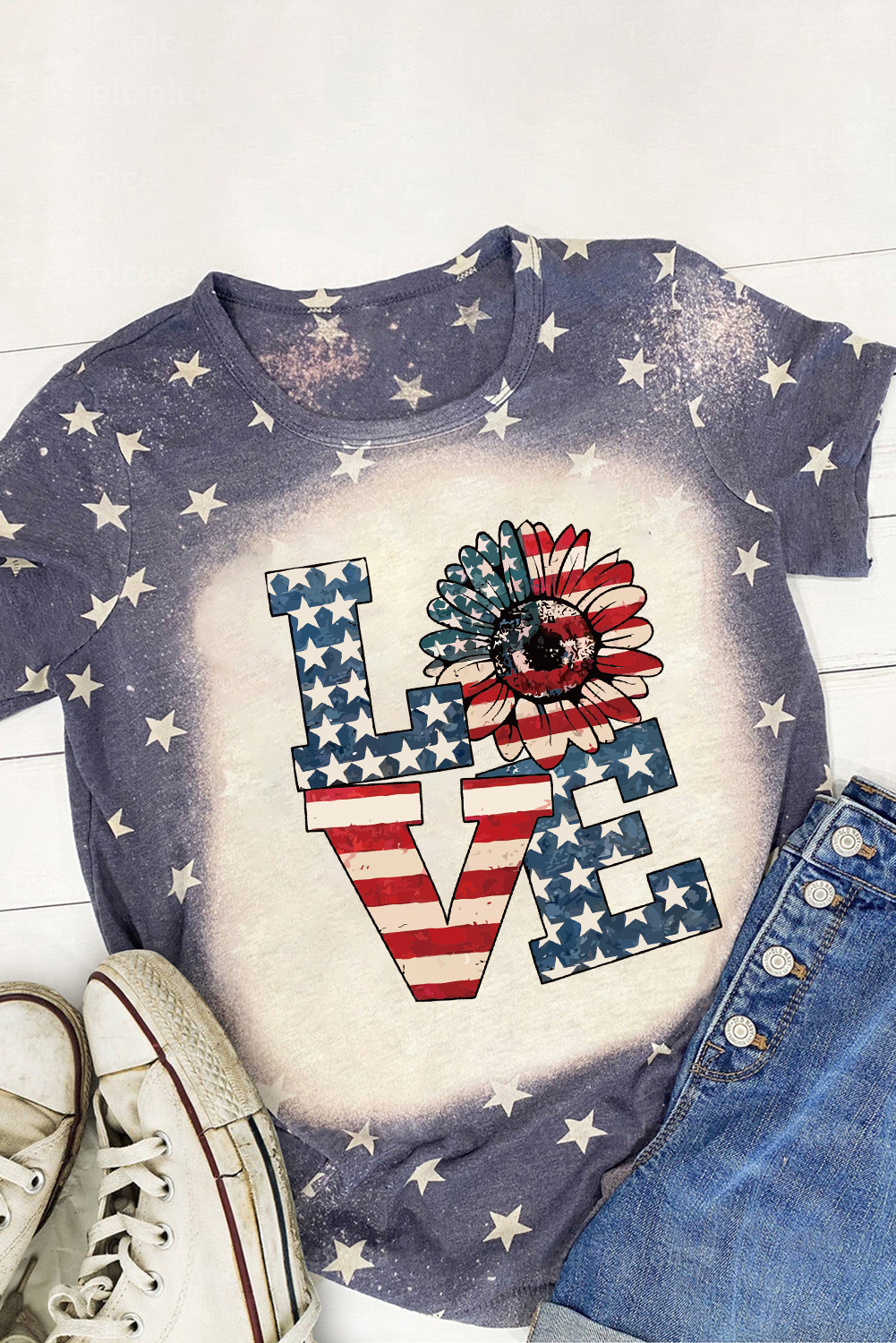 US$ 6.41 Drop-shipping Blue Starlet Allover Bleached LOVE Sunflower ...