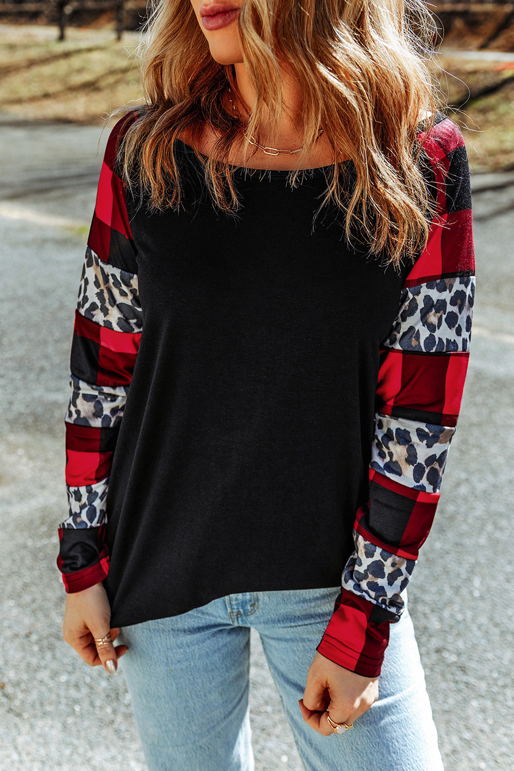US$ 5.98 Drop-shipping Black Off Shoulder Plaid&Leopard Print Long ...