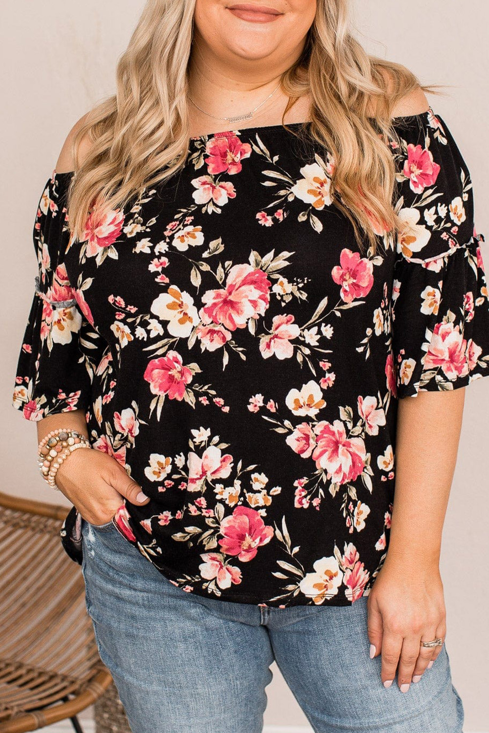 US$ 5.64 Drop-shipping Black Floral Print Off Shoulder Plus Size Blouse ...