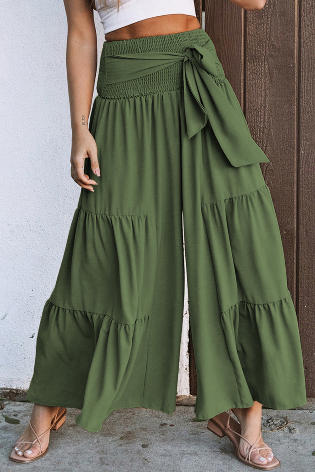 US$ 10.75 Drop-shipping Green Lace up Smocked Waist Tiered Wide Leg ...