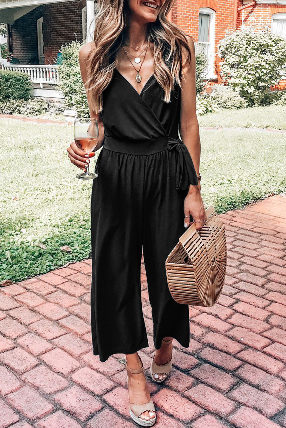 Us 11 16 Drop Shipping Black Surplice V Neck Wide Leg Jumpsuit For Women