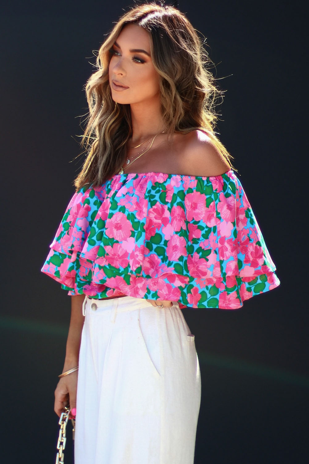 US$ 8.03 Drop-shipping Rose Floral Off-Shoulder Tiered Ruffle Blouse ...