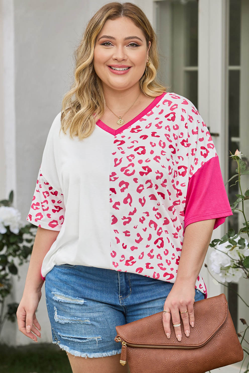 US$ 5.06 Drop-shipping Rose Plus Size Leopard Patchwork Short Sleeve ...