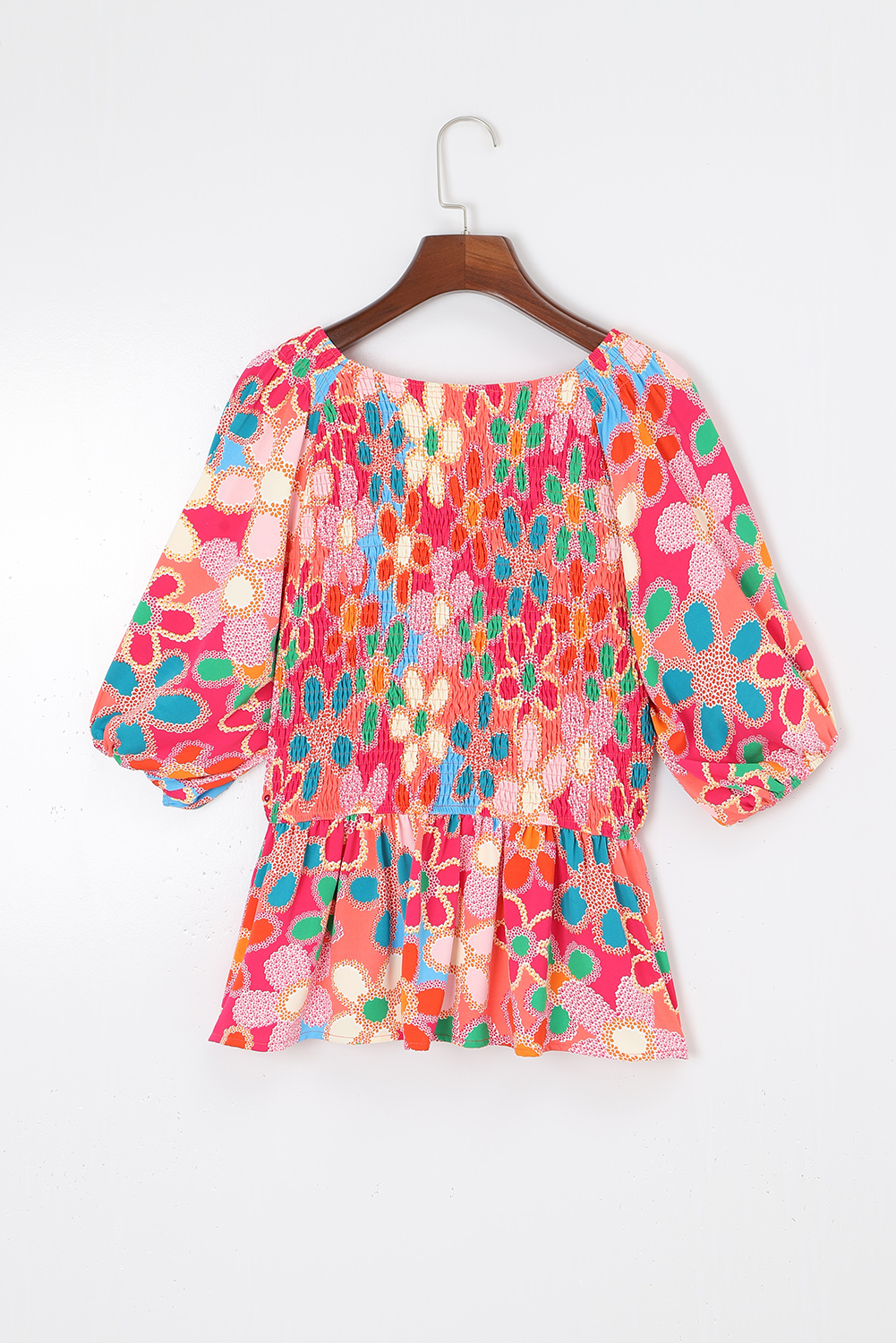 US$ 10.24 Drop-shipping Pink Boho Flower Print Puff Sleeve Peplum Top ...