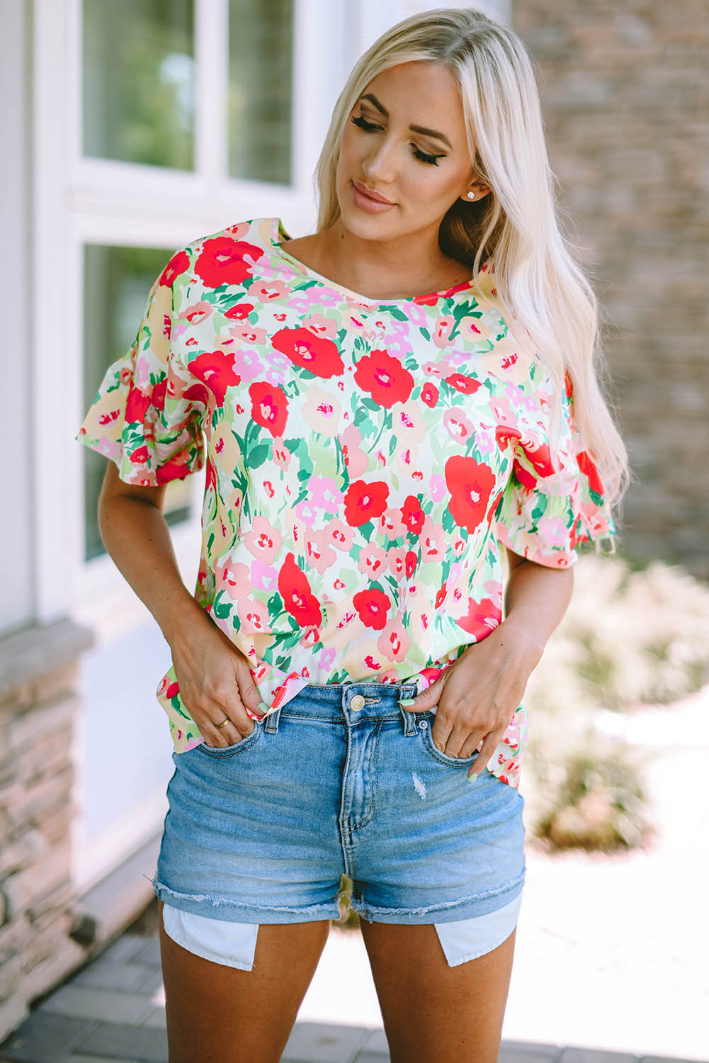 US$ 5.06 Drop-shipping Fiery Red Floral Print Ruffled Short Sleeve V ...