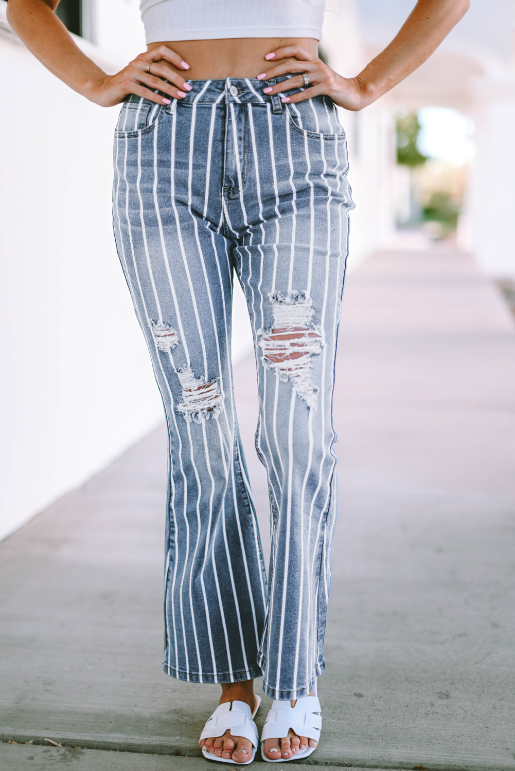 US$ 16.08 Drop-shipping Sky Blue Vertical Striped Ripped Flare Jeans ...