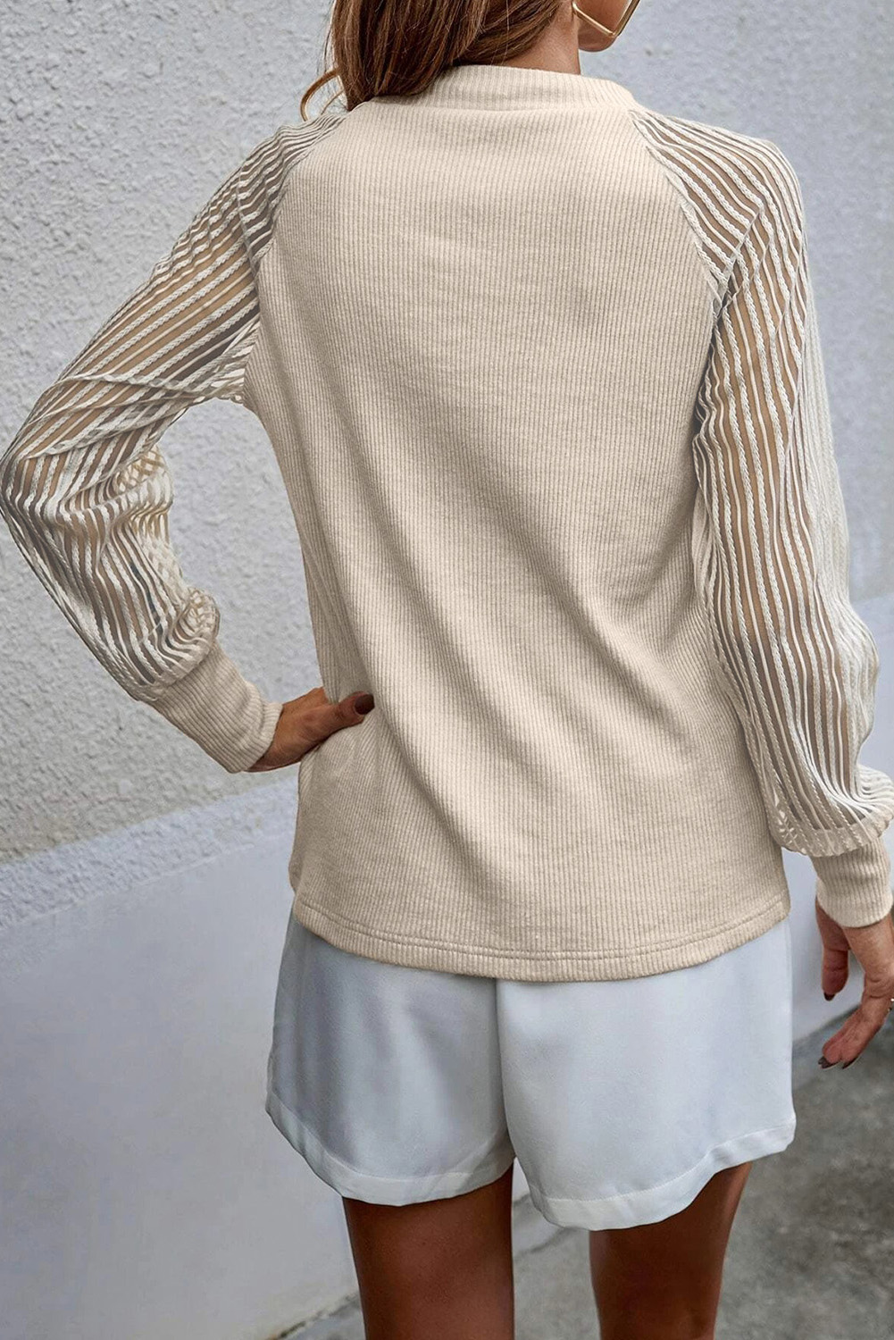 US$ 6.33 Drop-shipping Apricot Striped Mesh Long Sleeve Crewneck Ribbed ...