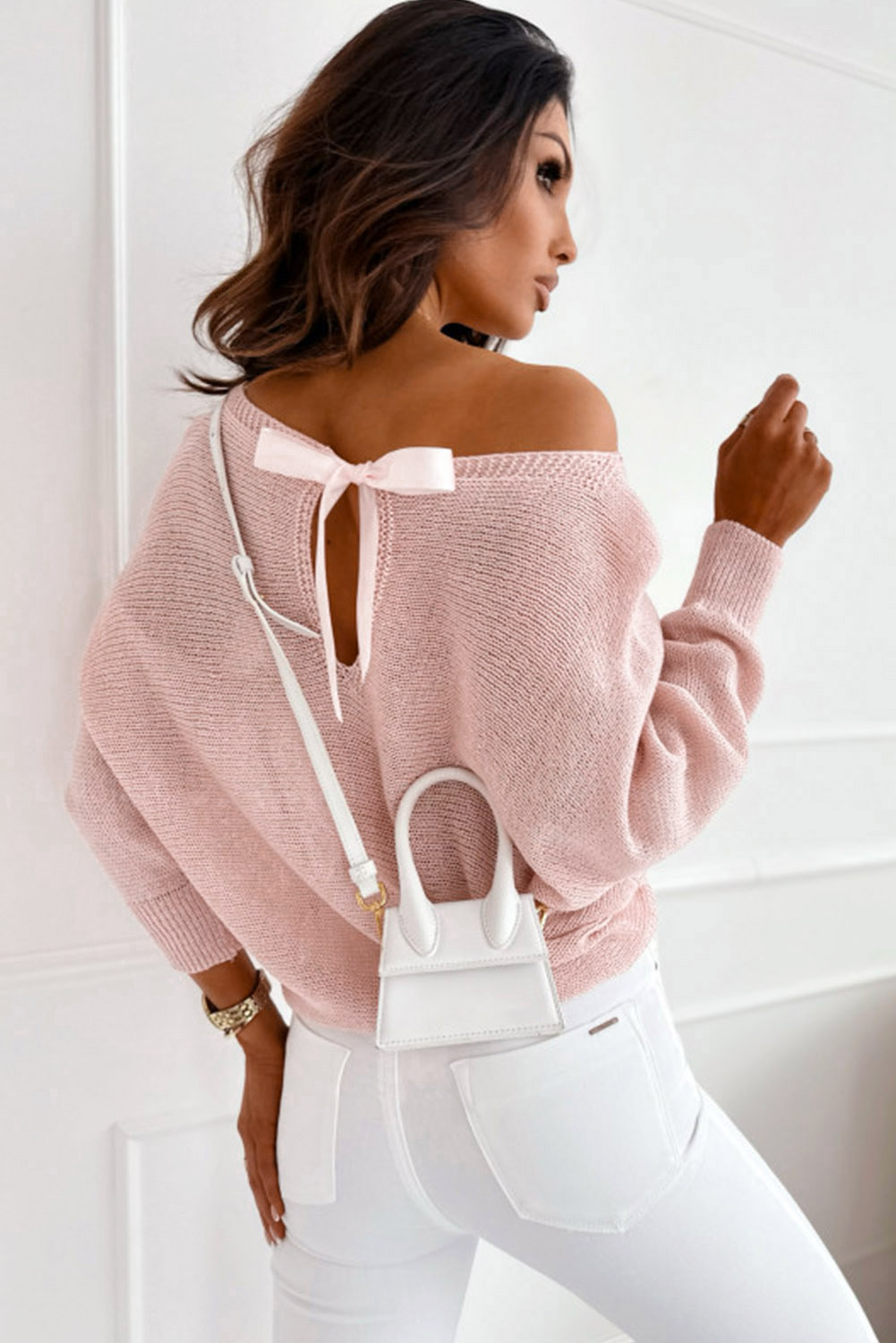 US$ 9.32 Drop-shipping Pink Ribbon Bow Knot Dolman Sleeve Sweater for Women