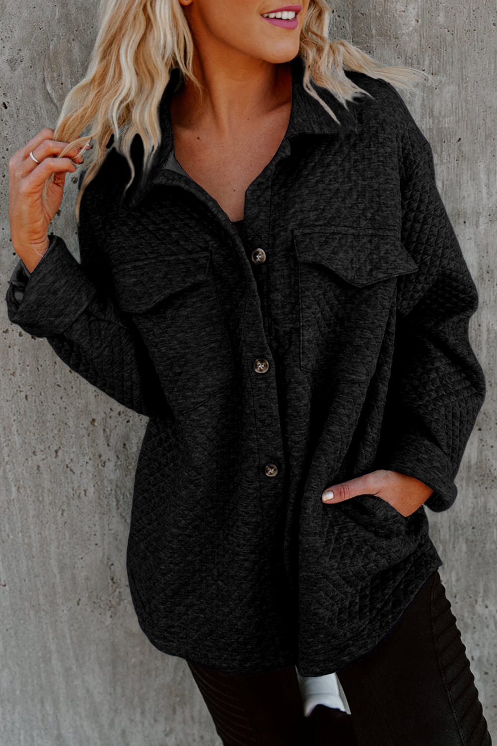 US$ 12.31 Drop-shipping Black Retro Quilted Flap Pocket Button Shacket ...