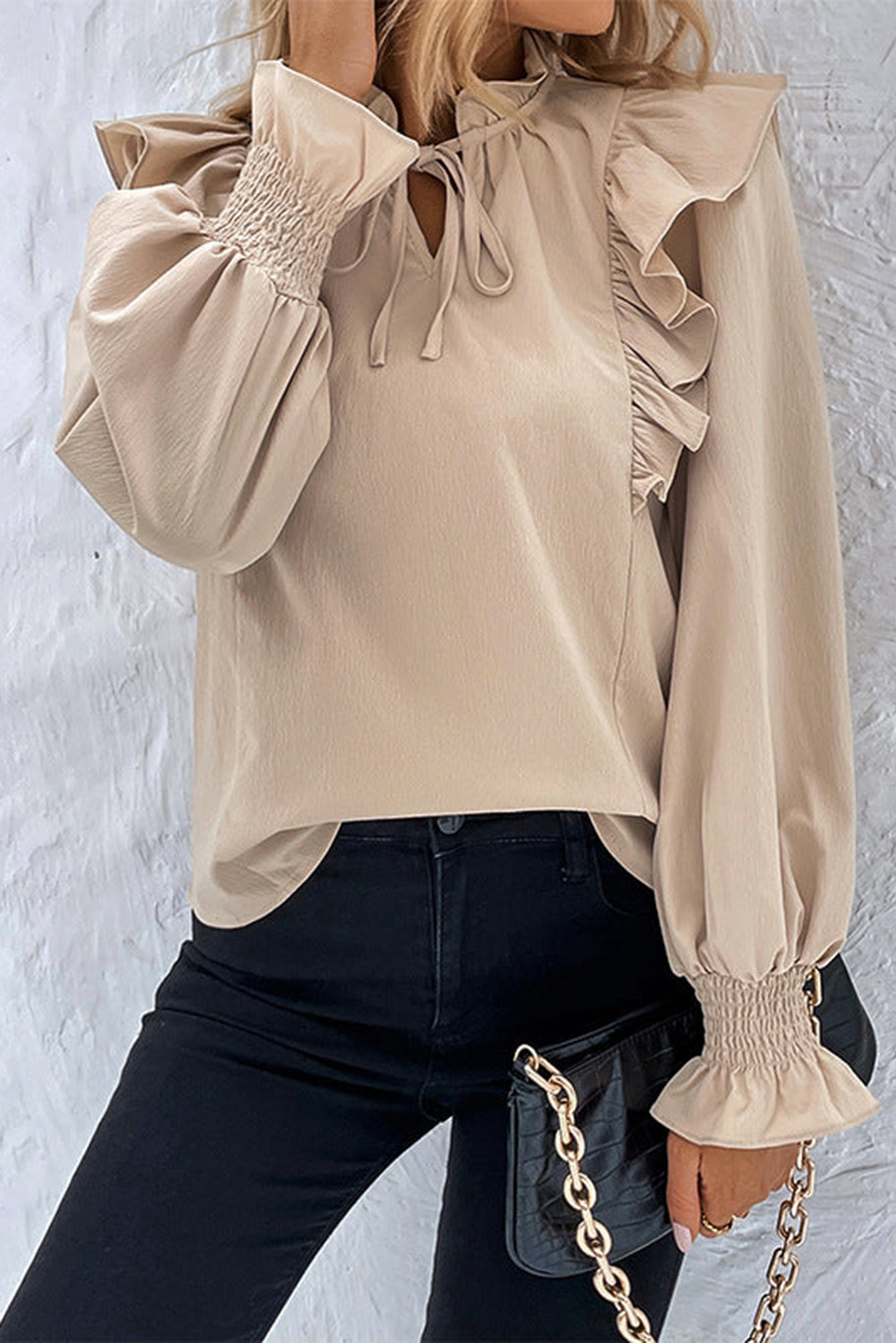 US$ 6.97 Drop-shipping Khaki Ruffled Lace up Bubble Sleeve Blouse for Women
