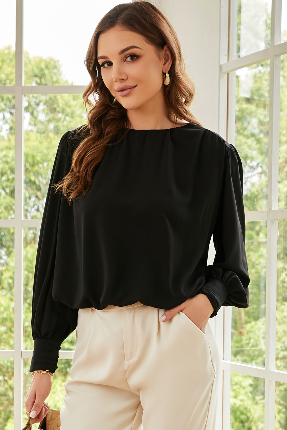 US$ 10.24 Drop-shipping Black Padded Shoulder Buttoned Cuffs Pleated ...
