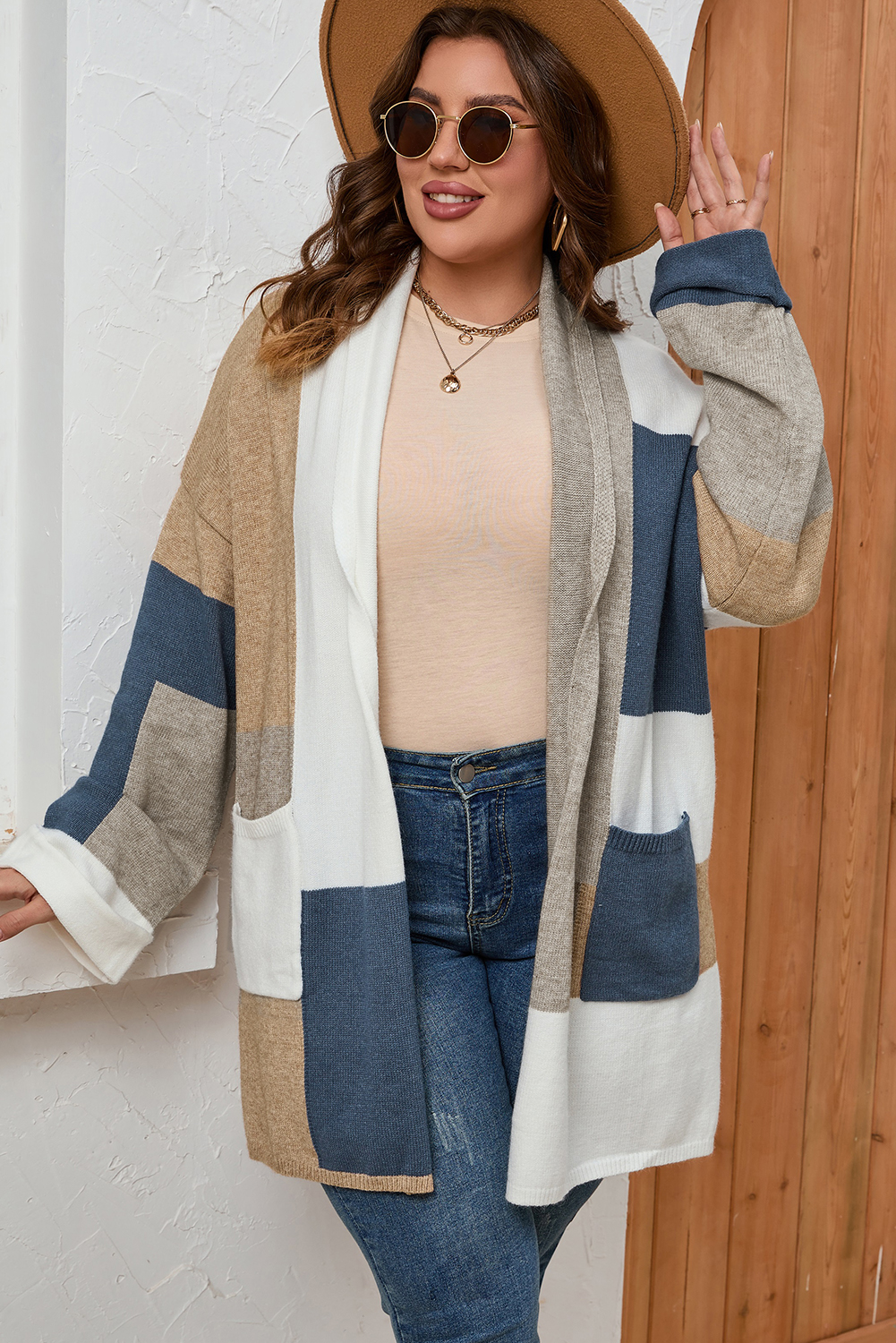 US$ 13.57 Drop-shipping Multicolor plus Size Colorblock Knit Cardigan ...