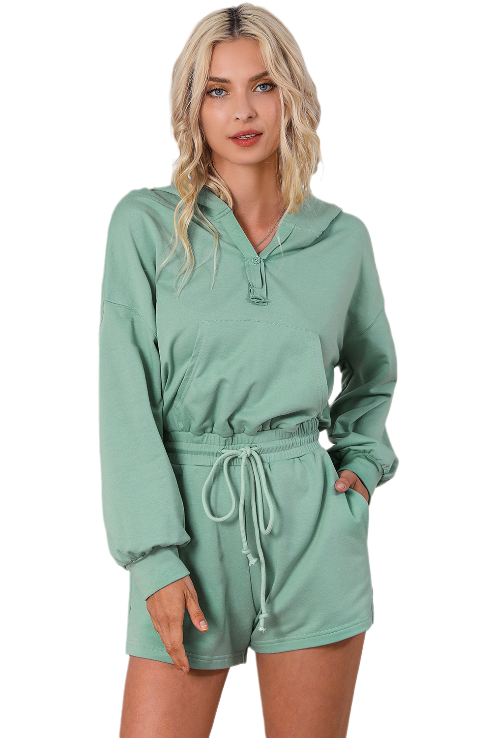 US$ 13.29 Drop-shipping Blue French Terry Hoodie Romper for Women